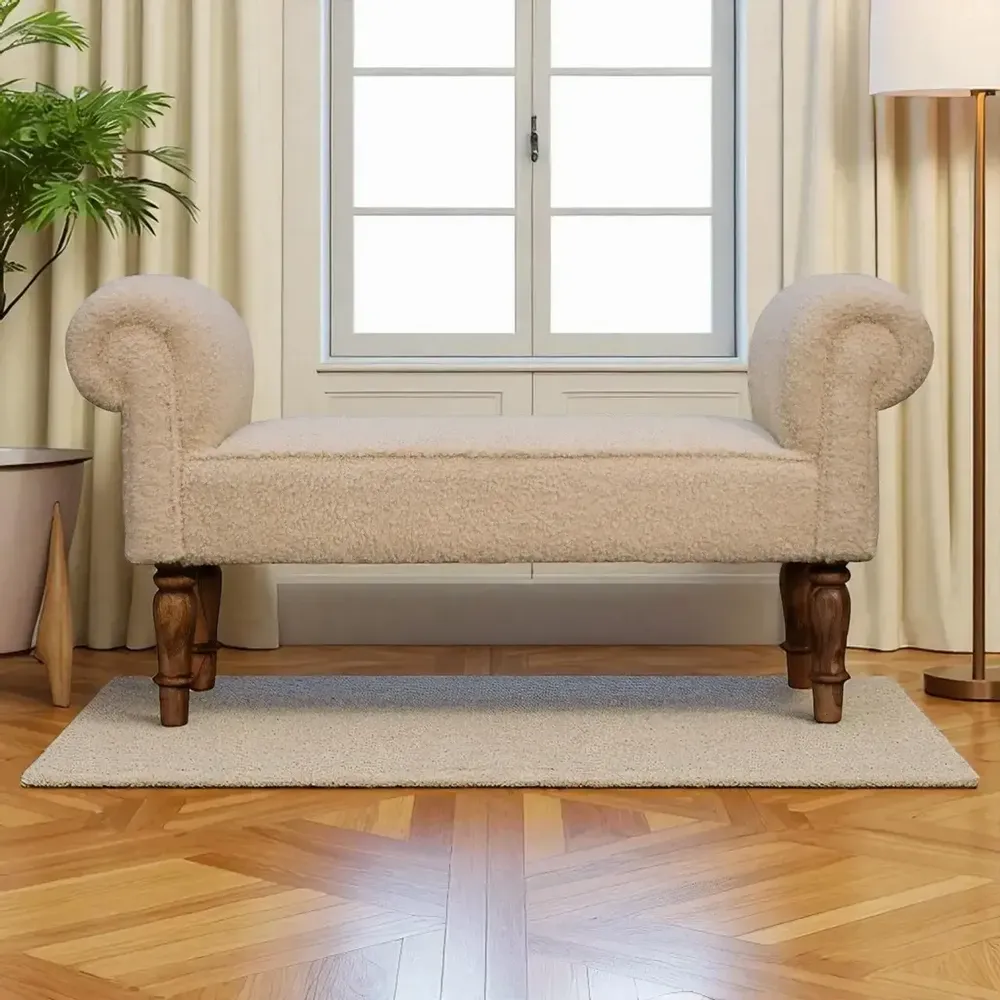 Artisan Furniture Solid Wood Boucle Cream Bench, Upholstered, Boucle ...
