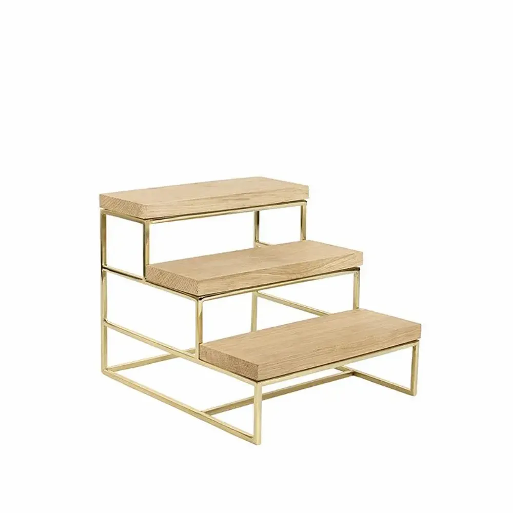 3-tier staircase display stand in natural oak wood/gold metal - Gifts ...
