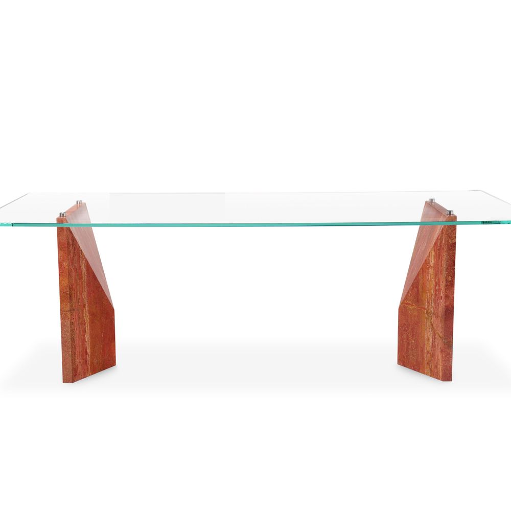 Writing desk PD V2 made in red travertine and extra-clear crystal glass ...