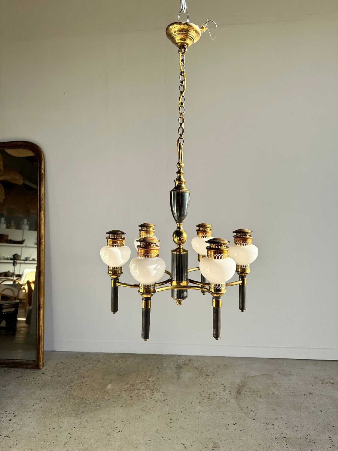 Empire style chandelier in white opaline glass, gold and black metal ...